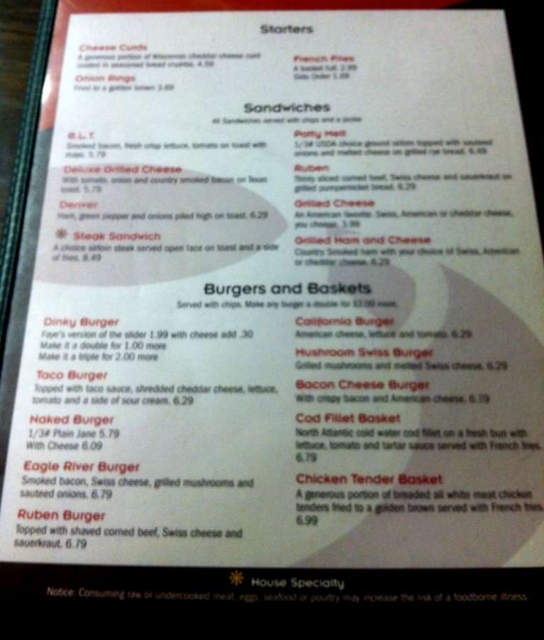 Menu at Jen's Dinky Diner restaurant, Eagle River