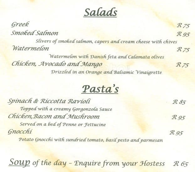 Menu at Orange Restaurant, Nelspruit