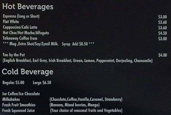 Menu at Grinders Coffee cafe, Brisbane City, Queen's Plaza