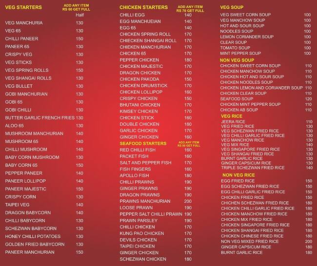 Menu at The Red Dragon, Hyderabad