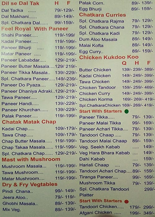Menu at Royal Chatkara, Noida