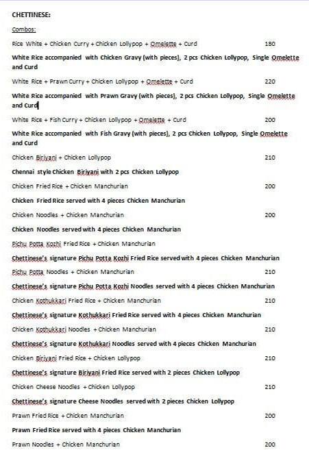 Menu of Chettinese, Pallavaram, Chennai