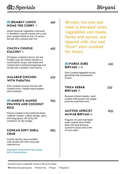 Menu at Bombay Borough, Bengaluru