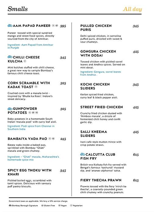 Menu at Bombay Borough, Bengaluru