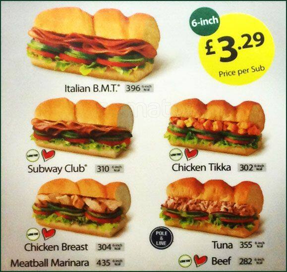 Menu at Subway fast food, Salford, 249 Bolton Rd