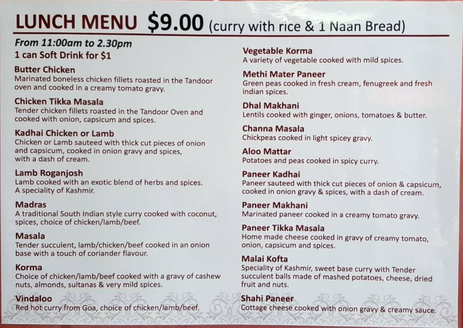Curry Masala menu, Menu restauracji Curry Masala, Flat Bush, Auckland ...
