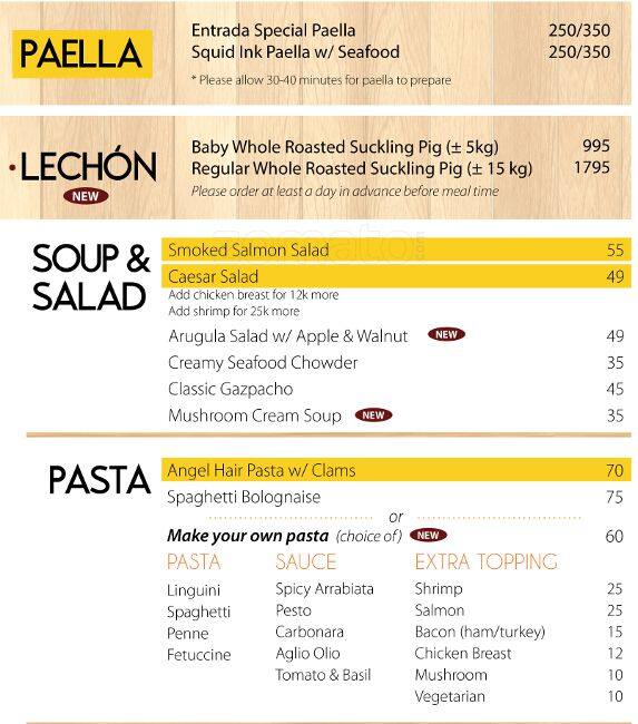 Menu at Entrada restaurant, South Jakarta, Ground Floor