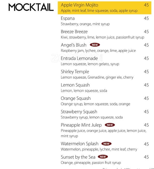 Menu at Entrada restaurant, South Jakarta, Ground Floor