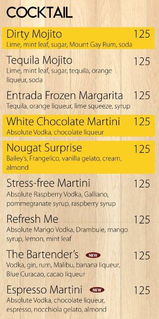 Menu at Entrada restaurant, South Jakarta, Ground Floor