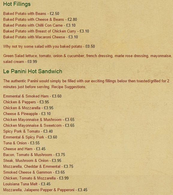 Menu at Paninis Sandwich Bar, Glasgow
