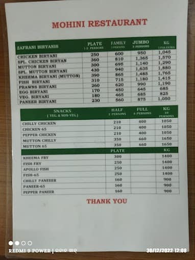 Menu of Mohini Multicuisine Restaurant, Basheer Bagh, Hyderabad