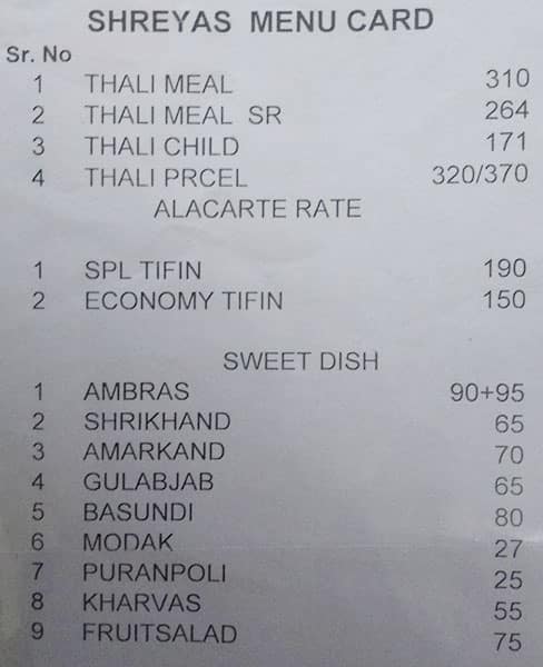Menu at Hotel Shreyas, Pune, B