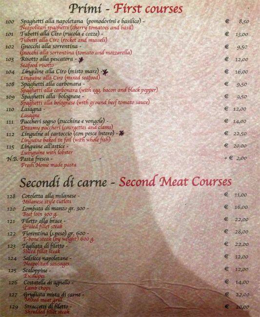 Menu da Ciro trattoria pizzeria, Roma, Via della Mercede