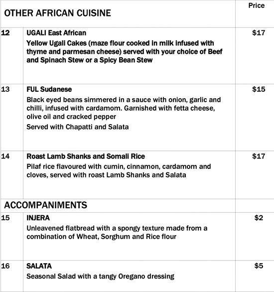 Menu at African Village Centre Restaurant, Torrensville