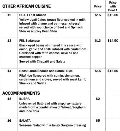 Menu at African Village Centre Restaurant, Torrensville