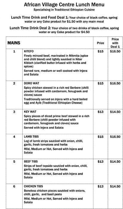 Menu at African Village Centre Restaurant, Torrensville