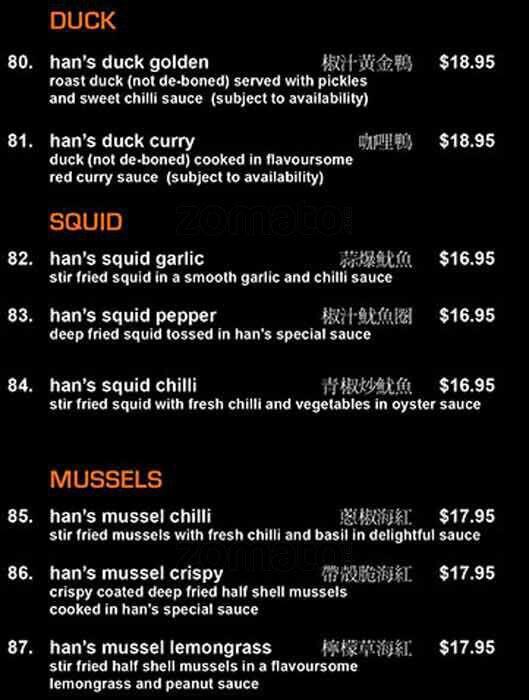 Menu at Hans Cafe, Rockingham, Syren St