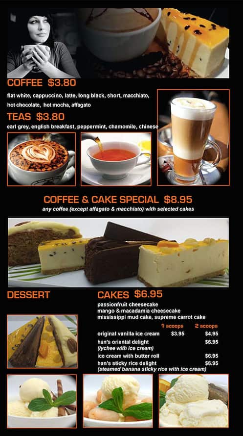 Menu at Hans Cafe, Rockingham, Syren St