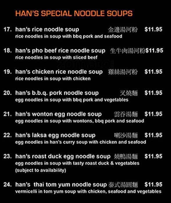 Menu at Han's Cafe, Armadale