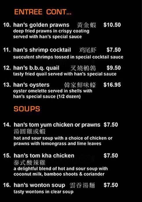 Menu at Han's Cafe, Perth, 300 Murray St