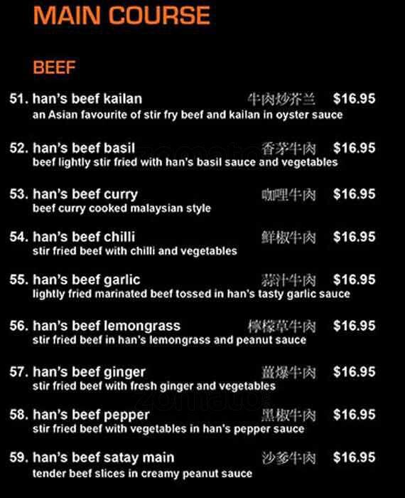 Menu at Hans Cafe, Rockingham, Syren St