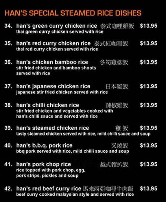 Menu at Hans Cafe, Rockingham, Syren St