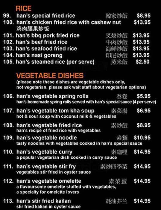 Menu at Han's Cafe, Hamersley