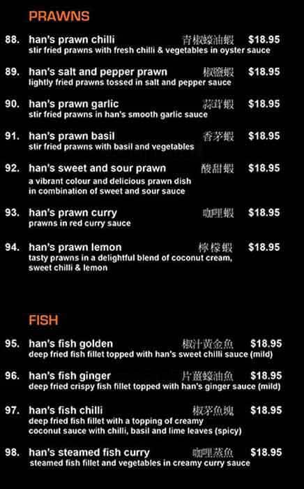 Menu at Han's Cafe, Armadale