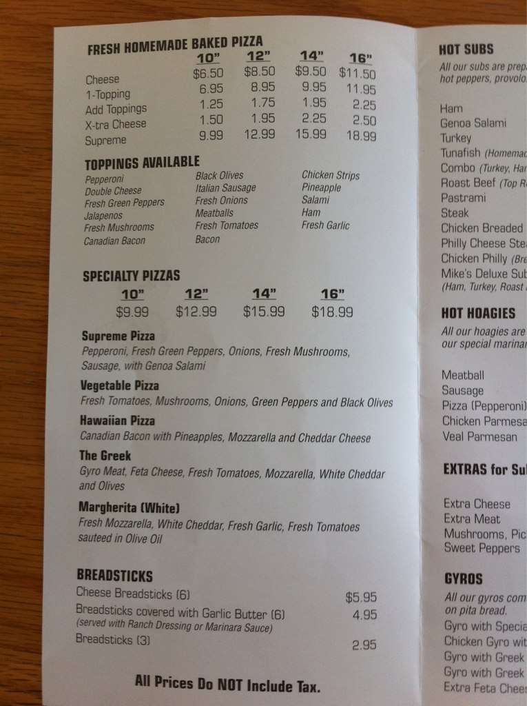 Menu at Mike's Pizza pizzeria, Norfolk