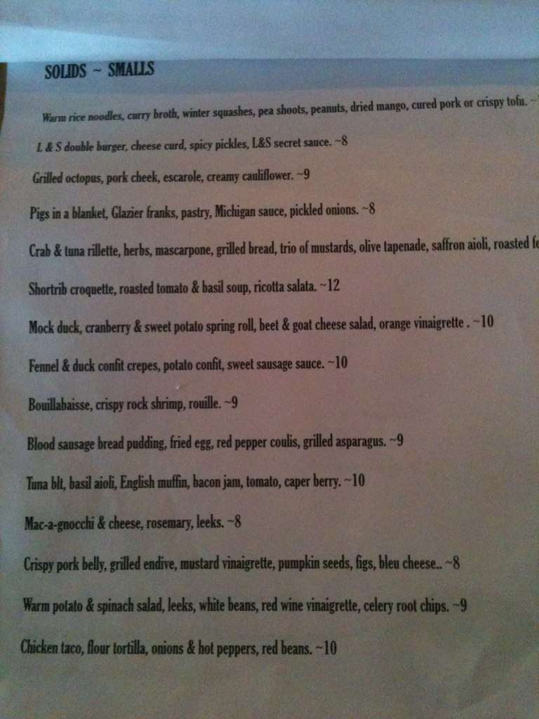 Menu at Liquids and Solids at the Handlebar, Lake Placid