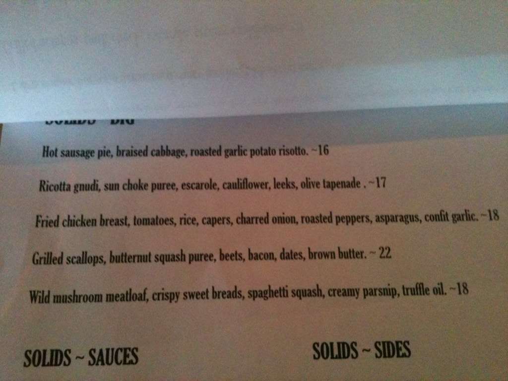 Menu at Liquids and Solids at the Handlebar, Lake Placid