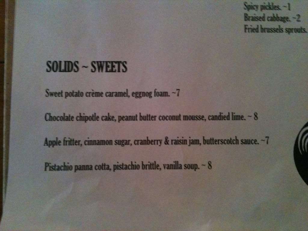 Menu at Liquids and Solids at the Handlebar, Lake Placid