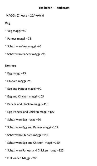 Menu of Tea Bench, Tambaram, Chennai