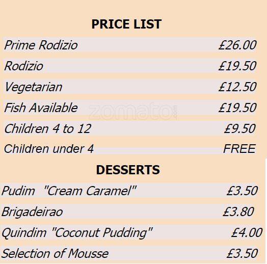 Menu at Rodizio Britannia restaurant, London