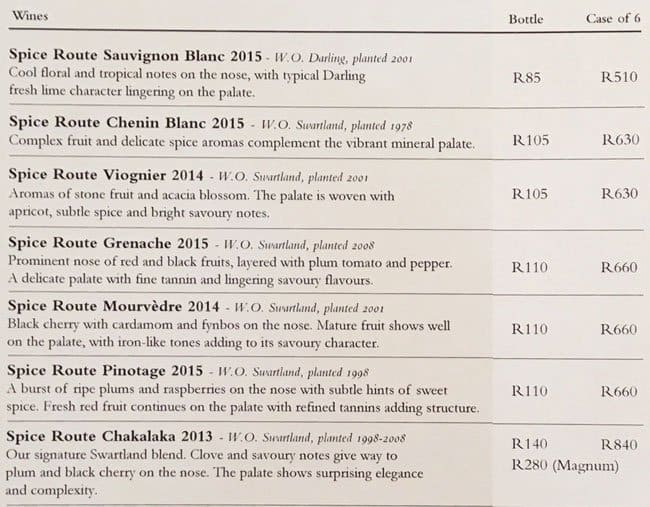 Menu at Spice Route Destination pub & bar, Paarl