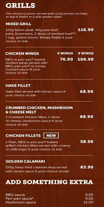Menu at Wimpy restaurant, Centurion, Embankment Rd