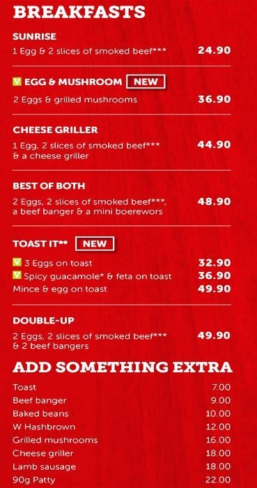 Carta del restaurante Wimpy, Centurion, Irene Village Mall