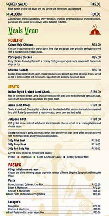 Menu at Kudta restaurant, Durban