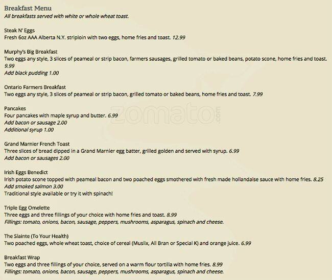 Menu at Scruffy Murphy's pub & bar, Toronto, 225 The East Mall