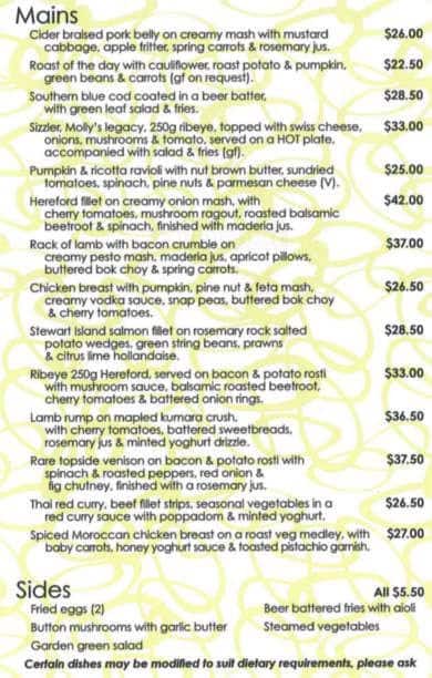 Menu at Level One Restaurant, Invercargill