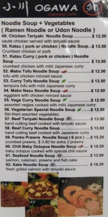 Menu at Ogawa Japanese Cafe, Diamond Creek