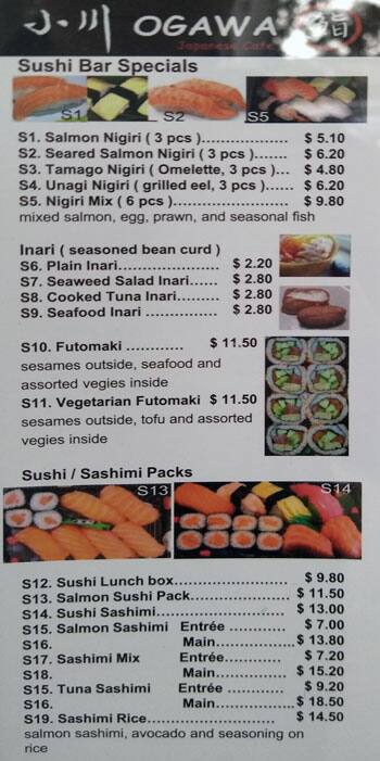 Menu at Ogawa Japanese Cafe, Diamond Creek