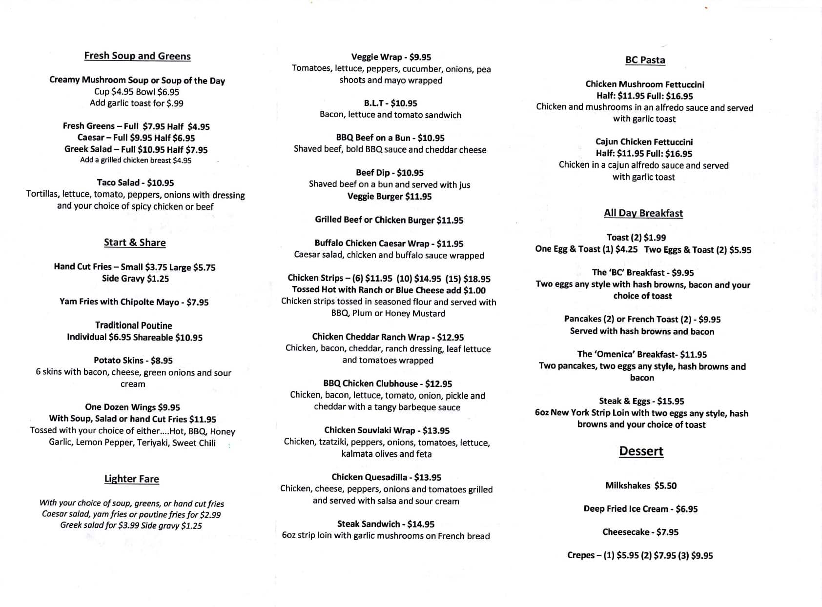 Historic BC Cafe Menu, Menu for Historic BC Cafe, Smithers, Smithers ...