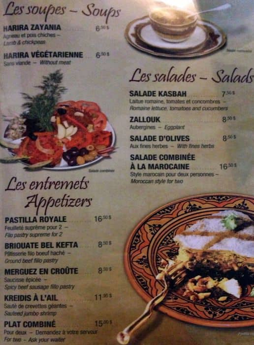 Menu at Kasbah Village Moroccan Cuisine restaurant, Ottawa