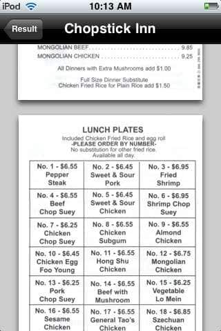 Menu at Chopstick Inn restaurant, Riverview, Sibley Rd