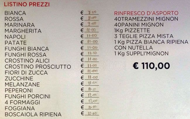 Menu at Pizza Rustica restaurant, Rome, Via Domenico Cucchiari