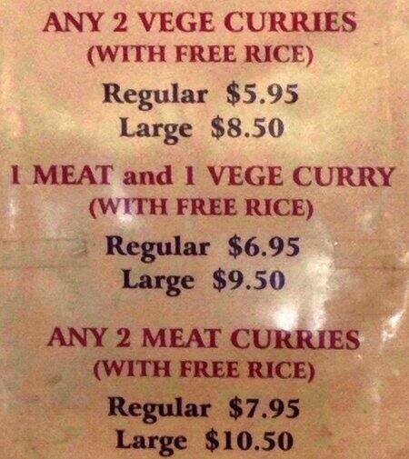 Menu at Yash Indian restaurant, Brisbane City