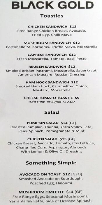 Menu at Black Gold cafe, Richmond