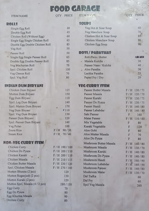 Menu at Food Garage, Patna