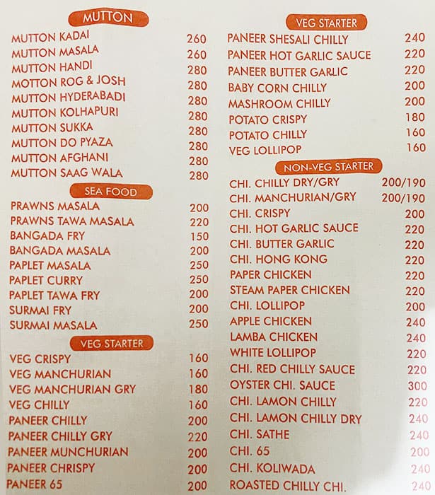 Menu of Hotel Swad Marathi, Dahisar East, Mumbai